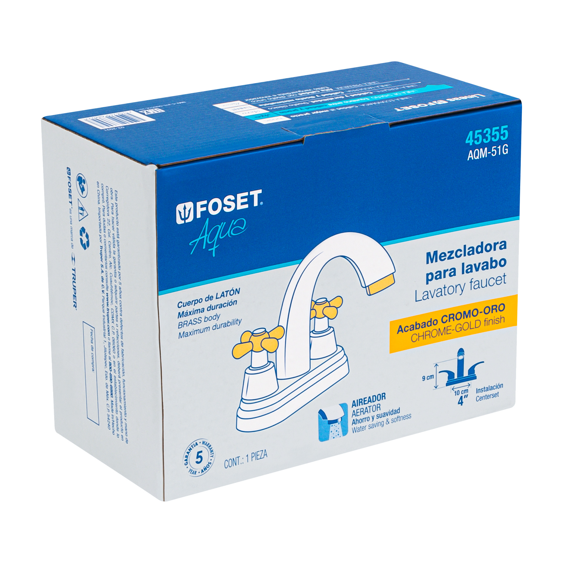 Ficha Tecnica Mezcladora cromo-oro 4" p/lavabo, nariz curva, cruceta,Foset