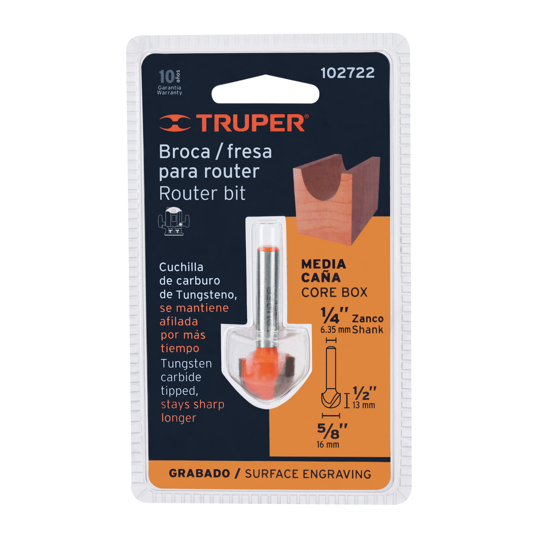 Ficha Tecnica Broca para router, media caña, 5/8", Truper