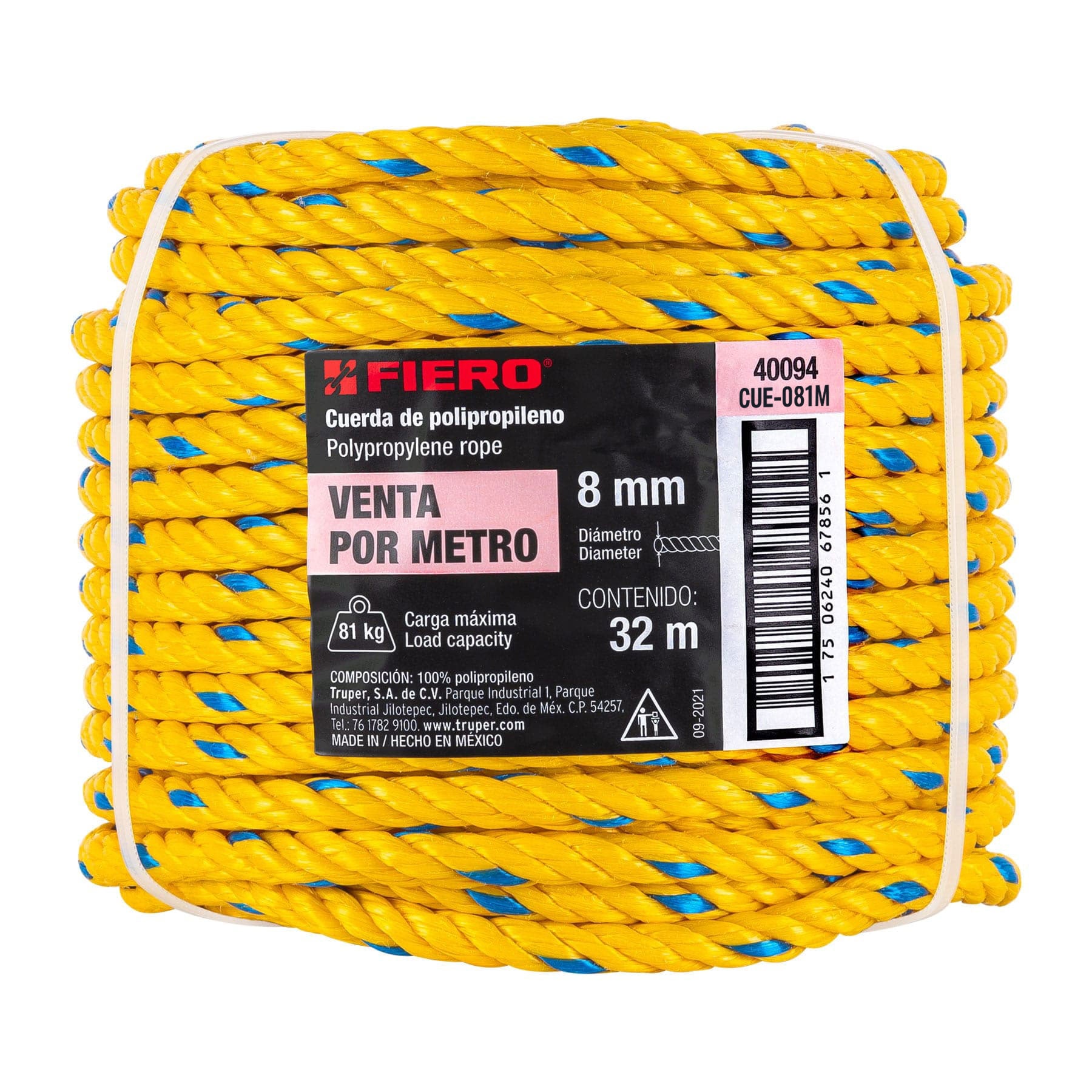 Metro de cuerda amarilla de polipropileno 8 mm, rollo 32m - Truper - Grupo Ferre-Max