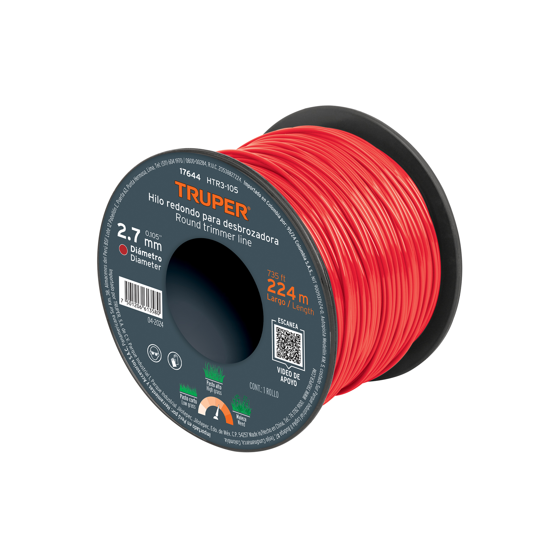 CARRETE DE HILO PARA DESBROZADORA, 2.7 MM X 224 M, TRUPER | HPC en línea