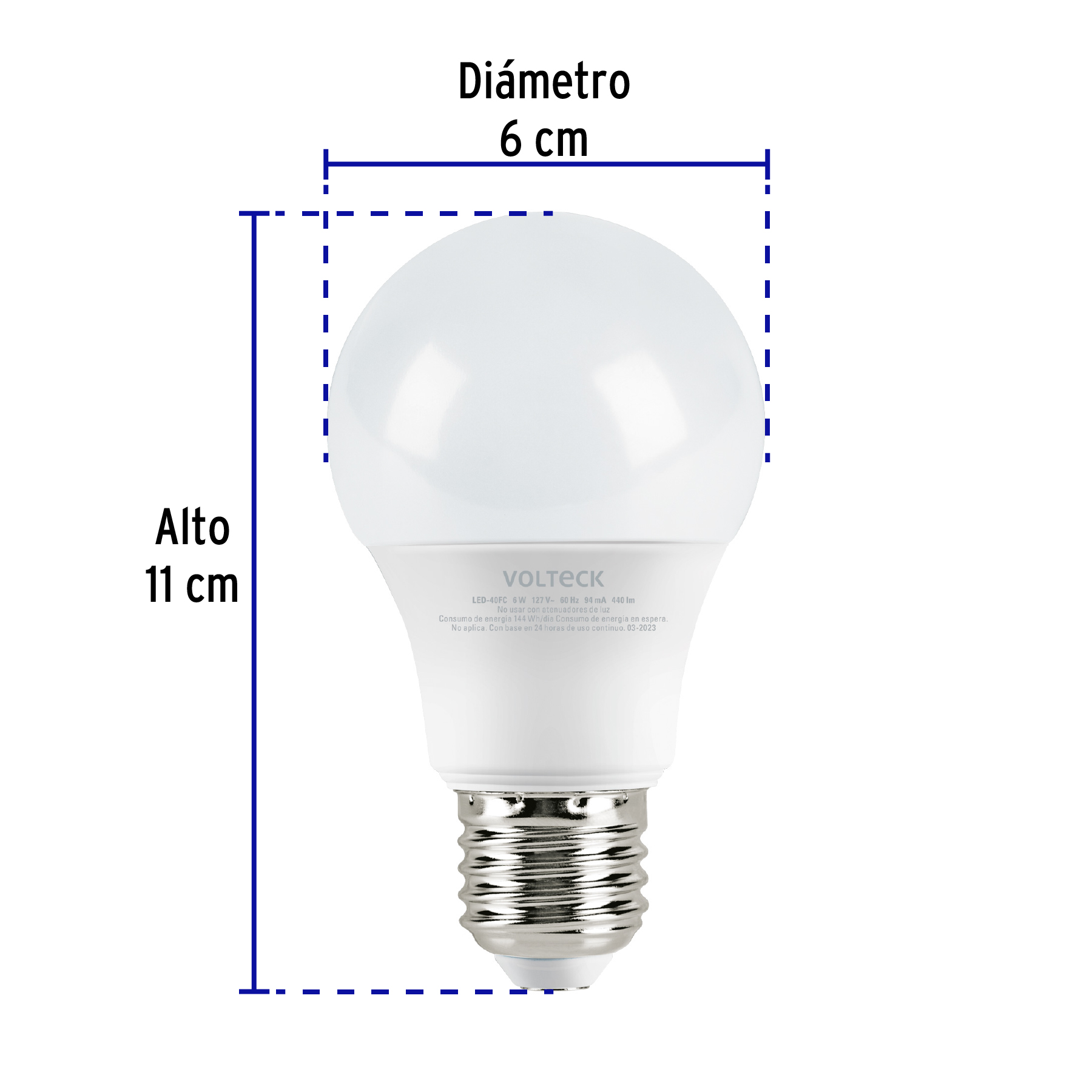 Ficha Tecnica Lámpara LED tipo bulbo A19 6 W luz de día, caja, Volteck