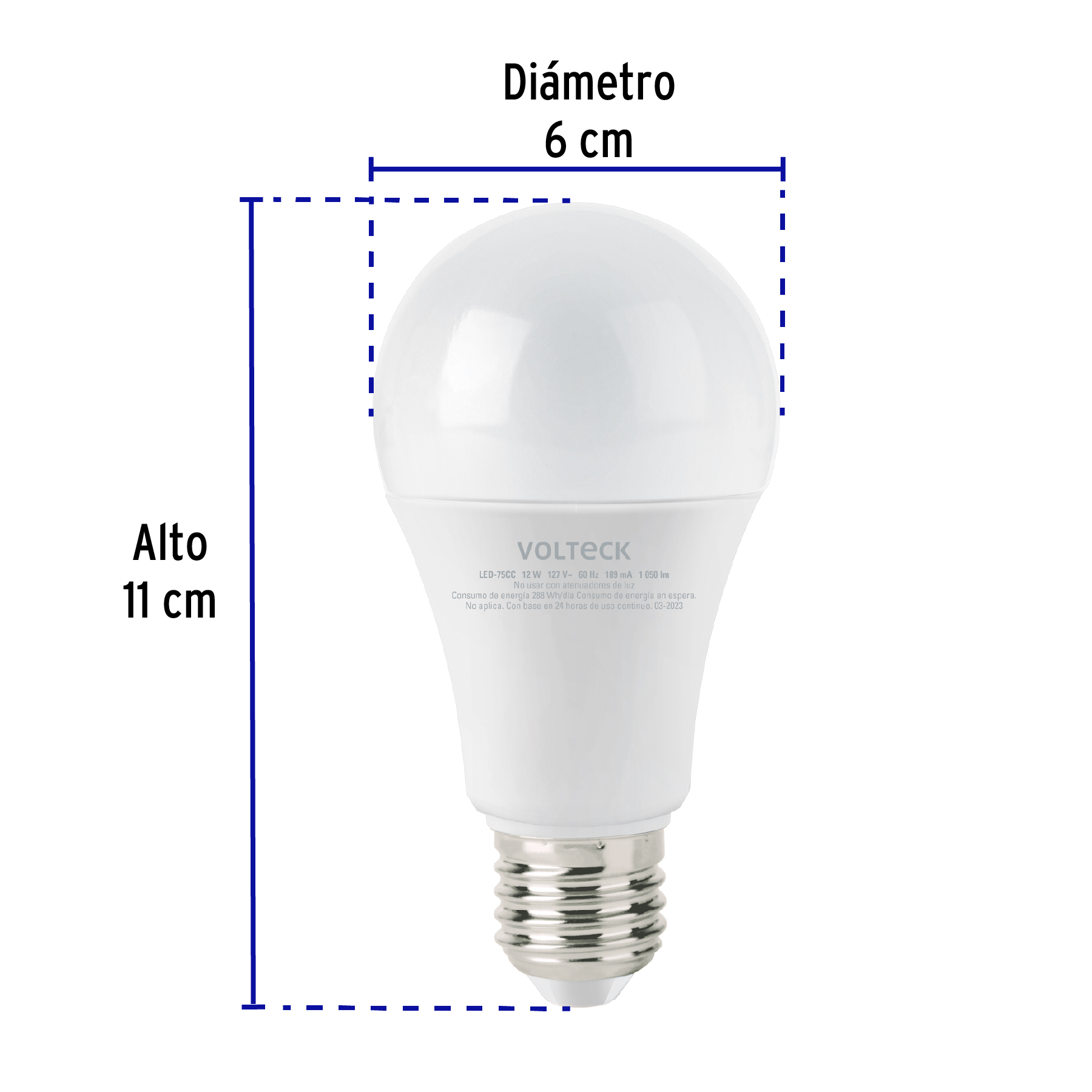 Ficha Tecnica Lámpara LED tipo bulbo A19 12 W luz cálida, caja, Volteck