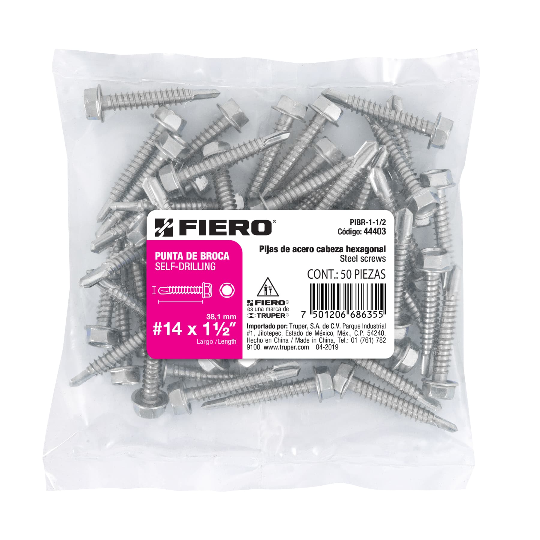 Bolsa con 50 pijas 1-1/2 cabeza hexagonal, punta de broca - Truper - Grupo Ferre-Max