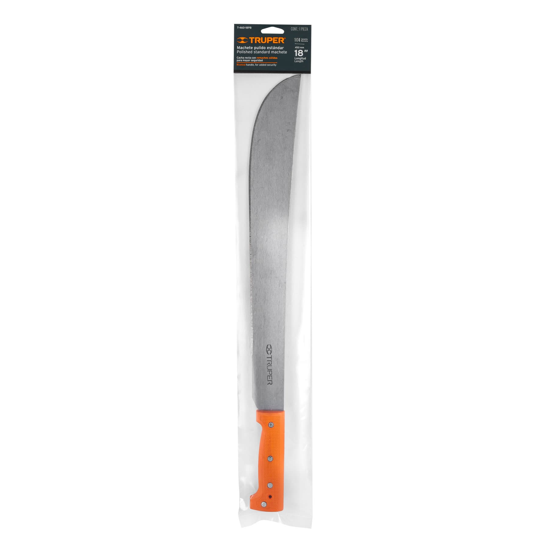 Ficha Tecnica Machete estándar 18" cacha naranja remachada, en bolsa