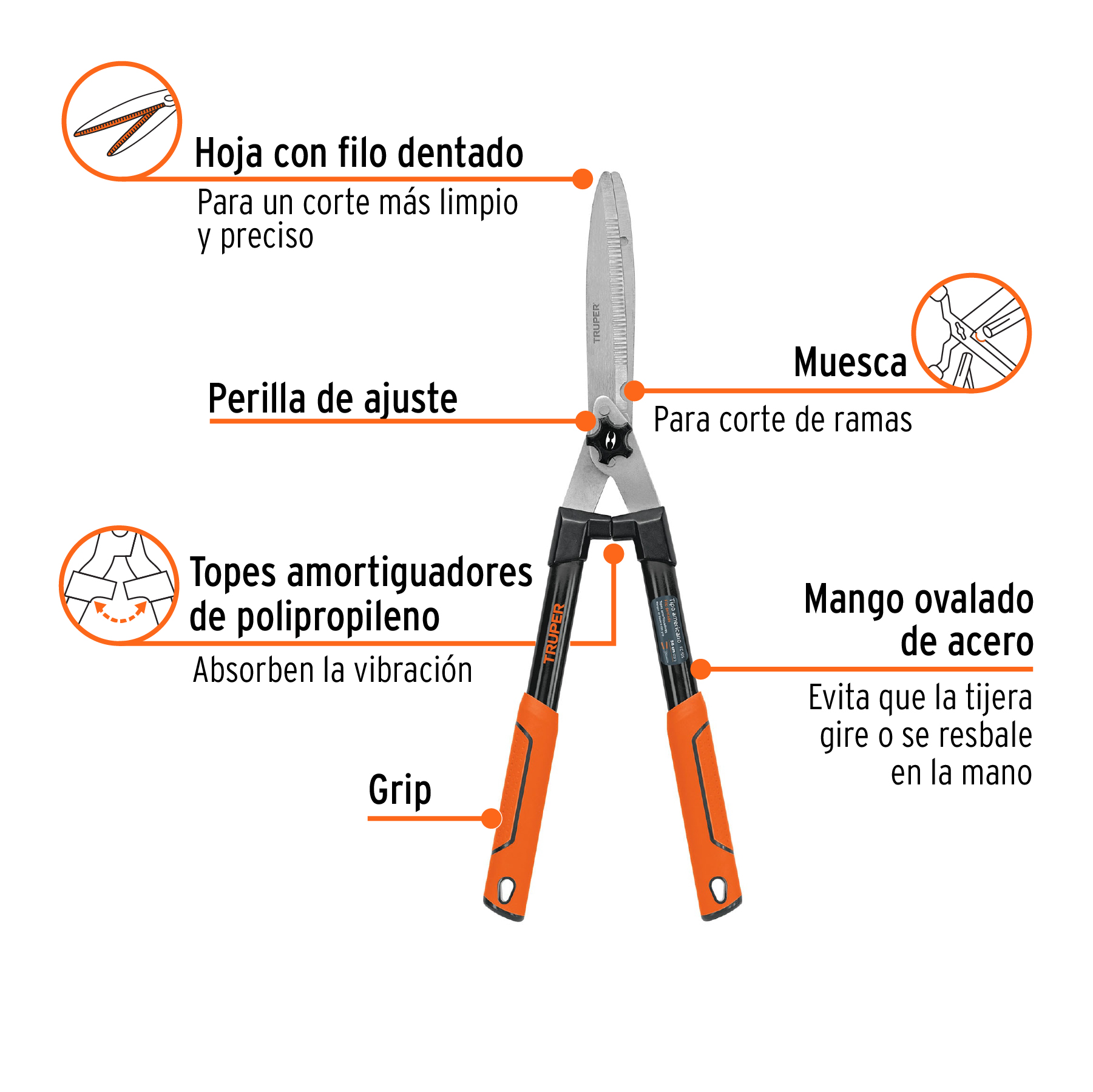 Ficha Tecnica Tijera para poda 58 cm filo dentado mangos de madera c/grip