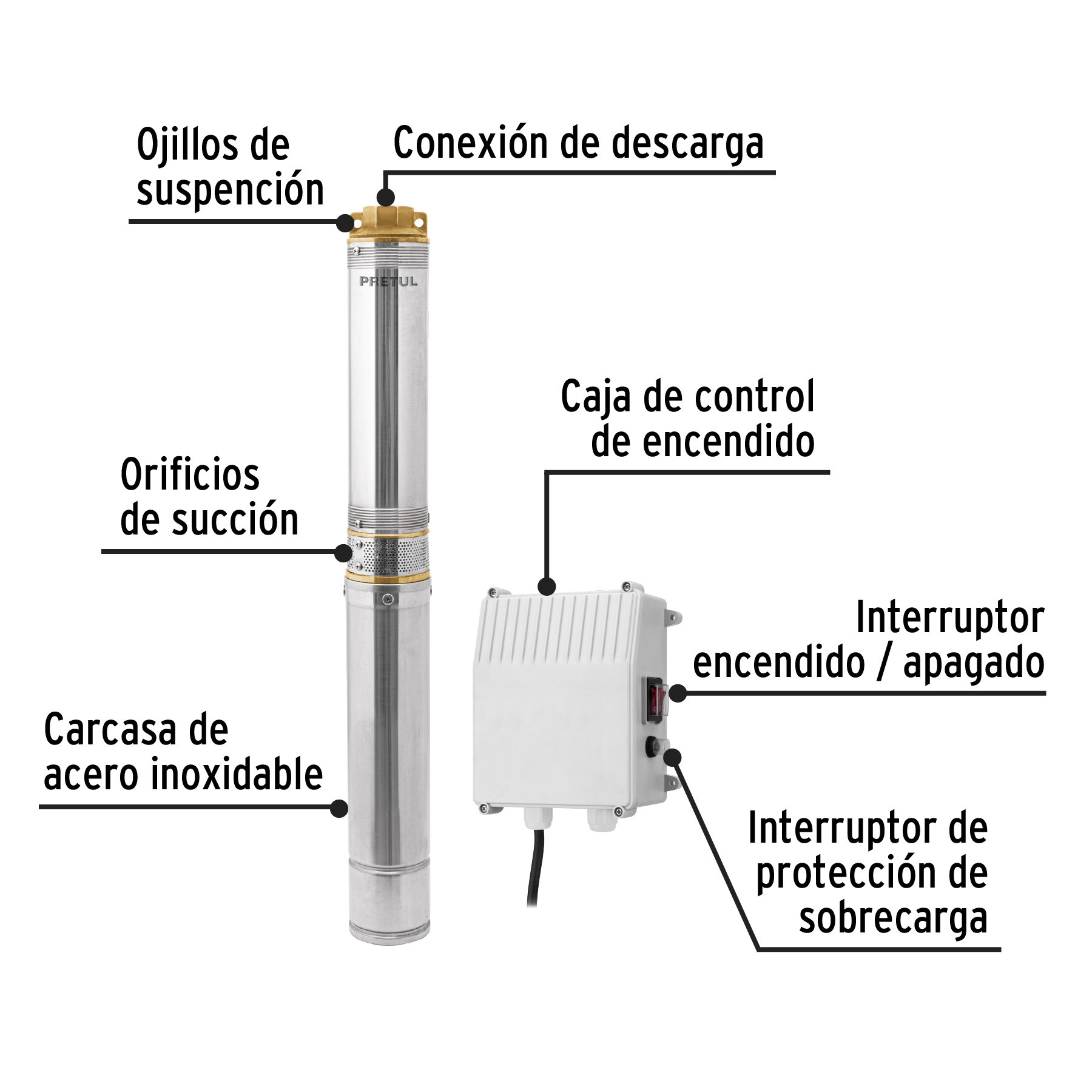 Bomba sumergible, tipo bala, 1-1/2 HP, agua limpia, Pretul, Bombas Sumergibles, 28202