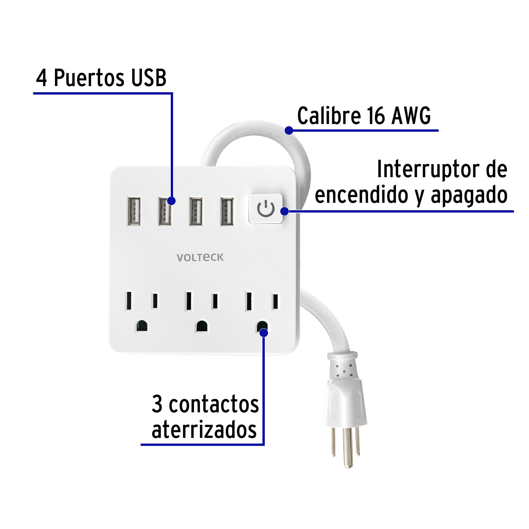 Multicontacto 16 AWG doméstico 3 entradas 4 ptos USB, blanco ...